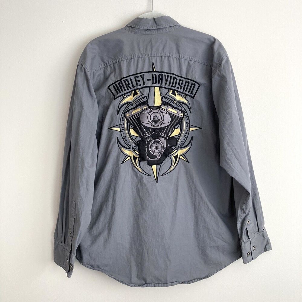 Harley Davidson Gray Embroidered Pocket Snap Button D… - Gem
